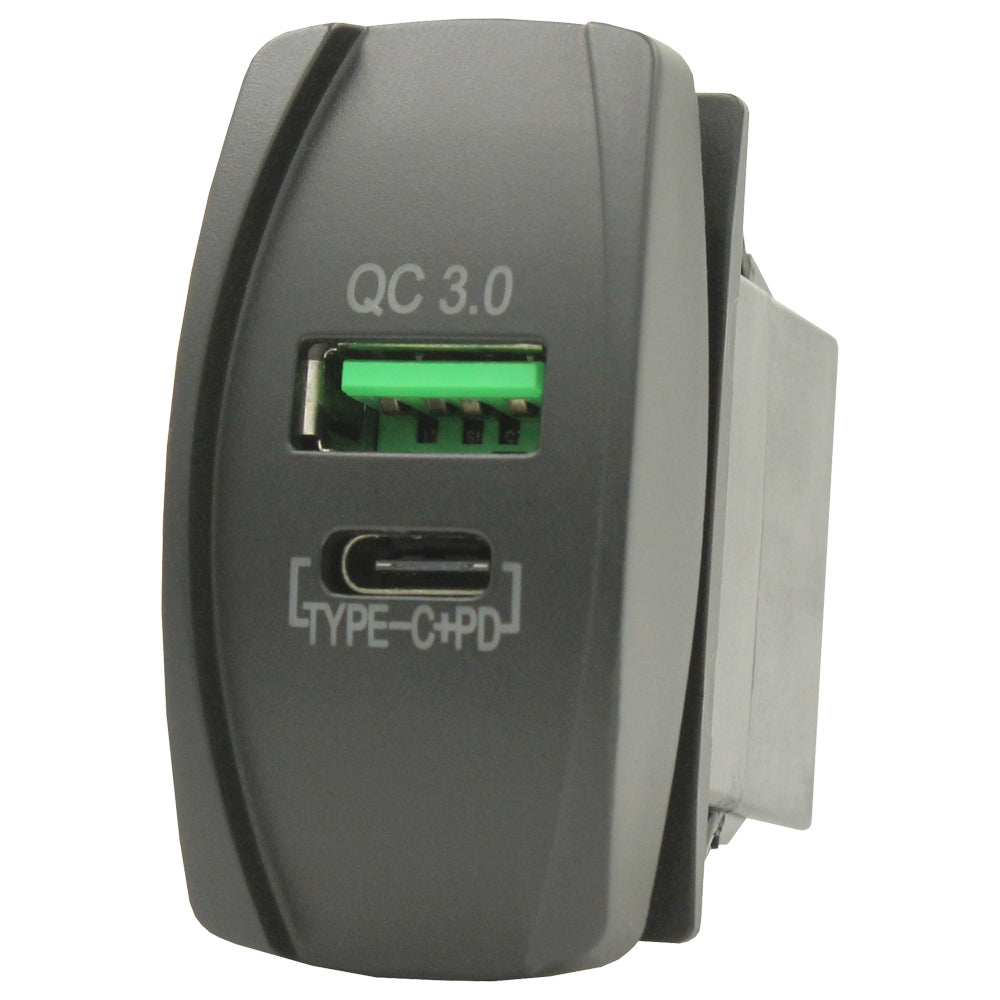 Type C + QC 3.0 USB Rocker Style Charger - Blue LED - the4x4store.co.za